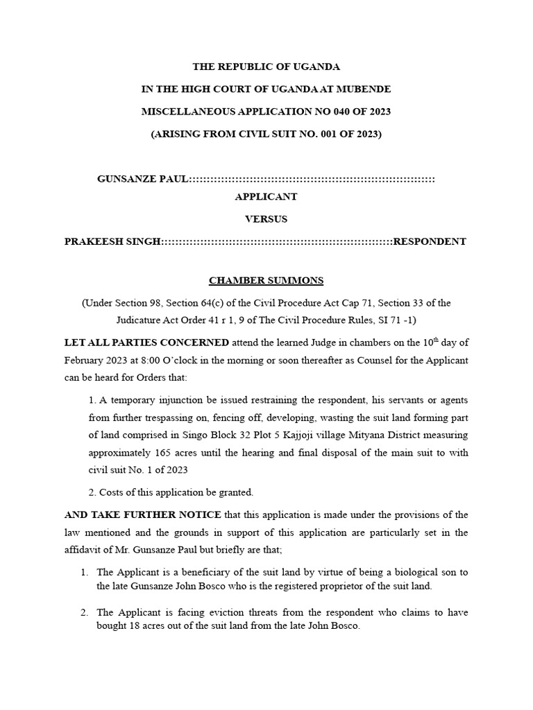 Chamber Summons (Temporary Injunction) | PDF | Lawsuit | Injunction