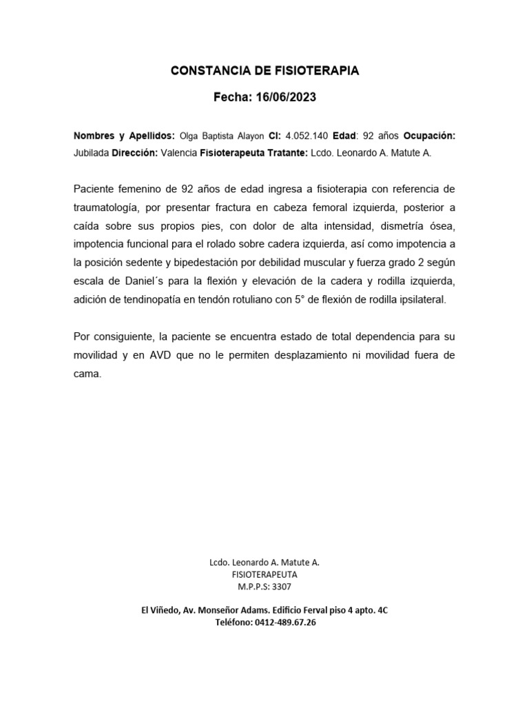 Constancia Fisioterapia PX Olga Baptista | PDF