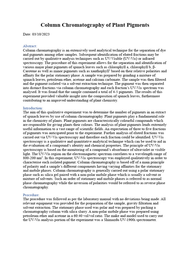 Plant Pigment Separation via Column Chromatography | PDF ...