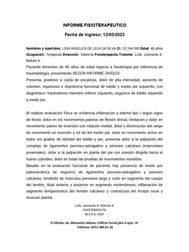 Informe Fisioterapeutico Paciente Lidia De Leca Pdf
