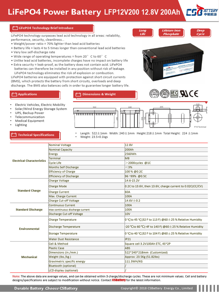 CSBattery LFP12V200 LiFePO4 Battery Square Cell | PDF | Electric Power ...