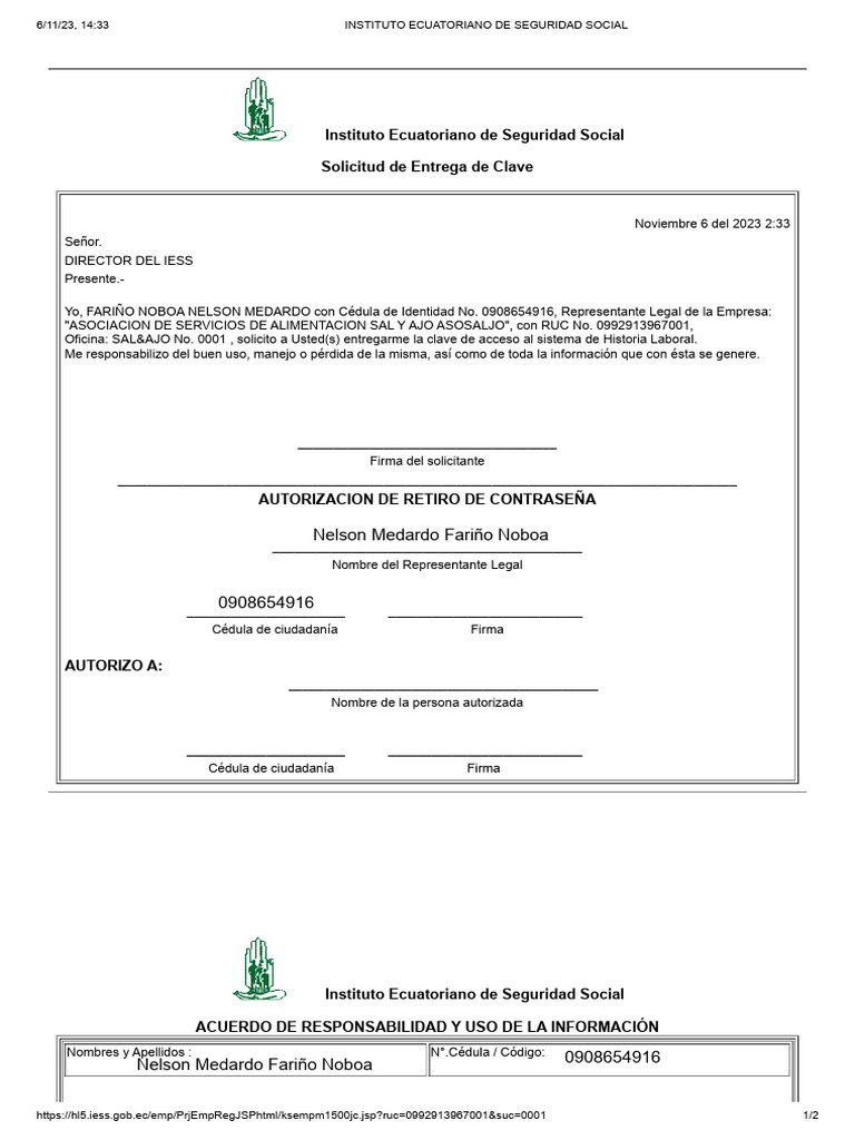 Solicitud de Clave IESS | PDF