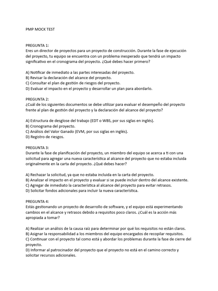 PMP_Mock Test 1 | PDF | Gestión de proyectos | Indicador de rendimiento PMP_Mock Test 1 | PDF | Gestión de proyectos | Indicador de rendimiento