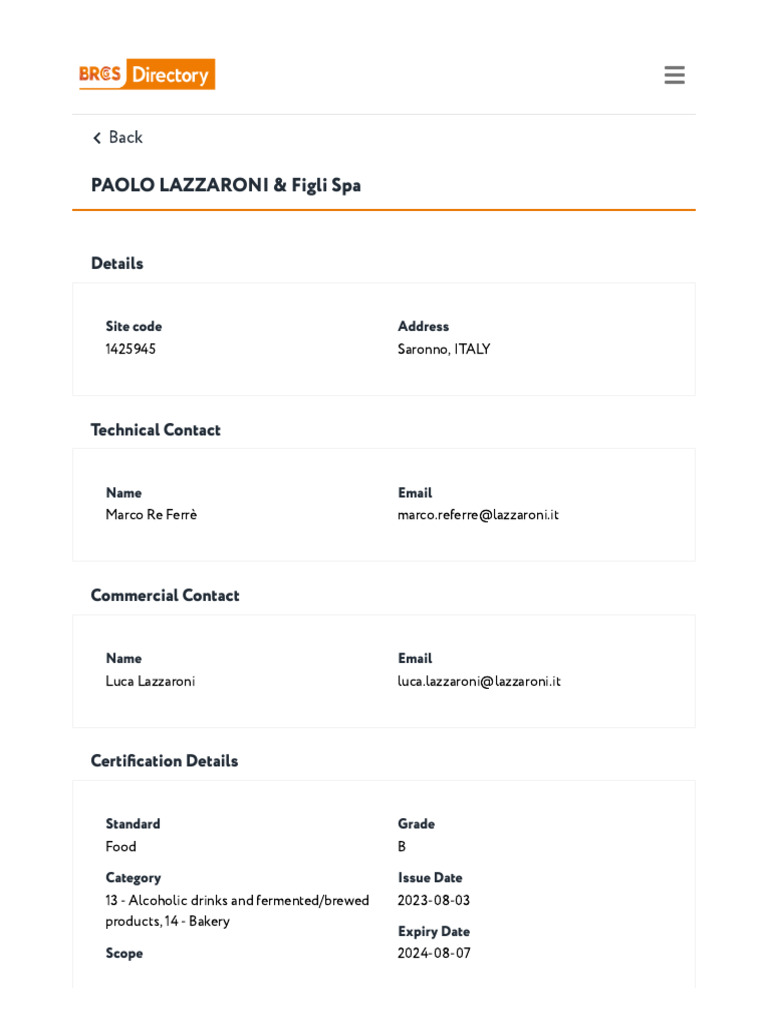 BRCGS Directory PAOLO LAZZORINI | PDF