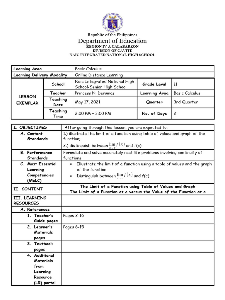 LESSON-EXEMPLAR-BC-Week 1 Final | PDF | Function (Mathematics) | Calculus