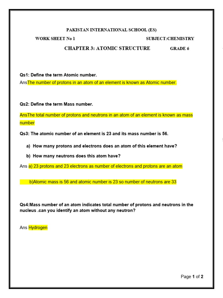 MS Atomic Structure Worksheet 1 ANS KEY | PDF