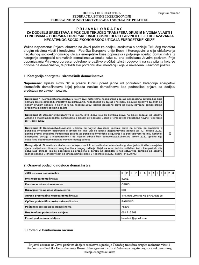 Energetska Pomoc Prijavni Obrazac B 002 | PDF