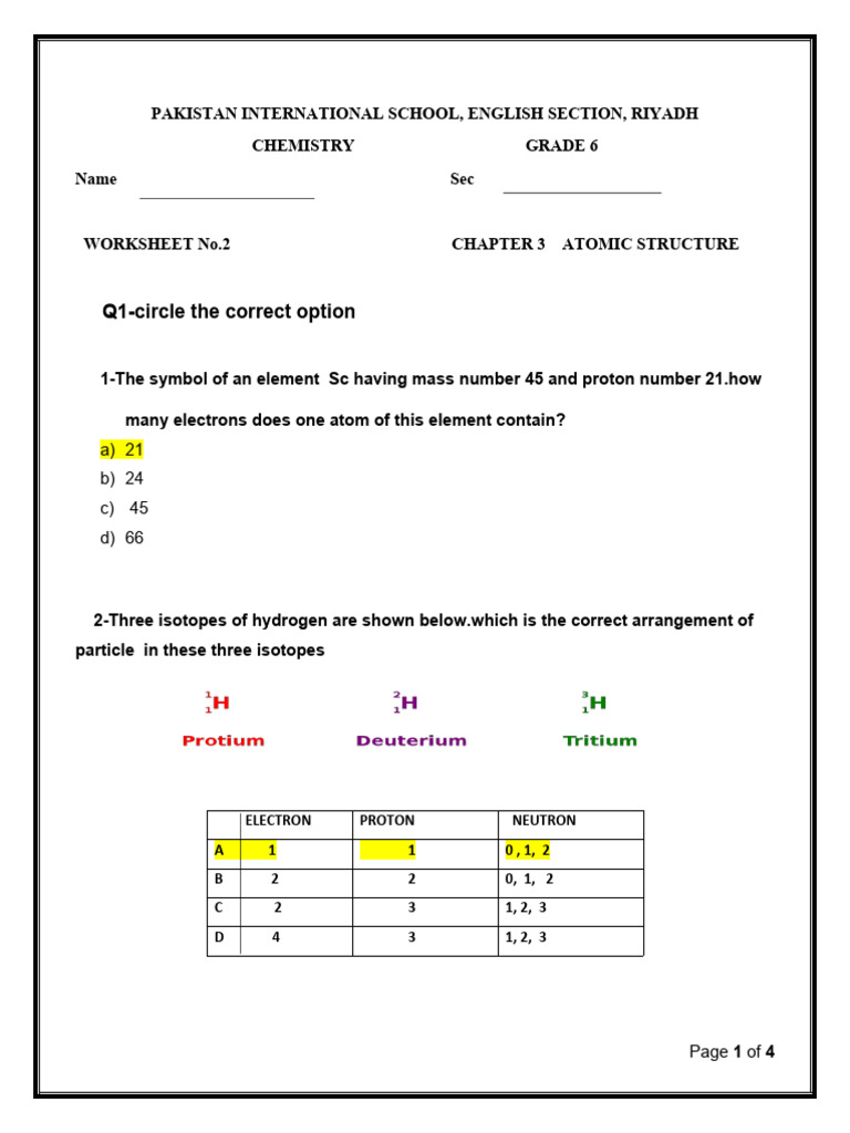 Grade 6 Atomic Structure Worksheet | PDF | Atoms | Proton