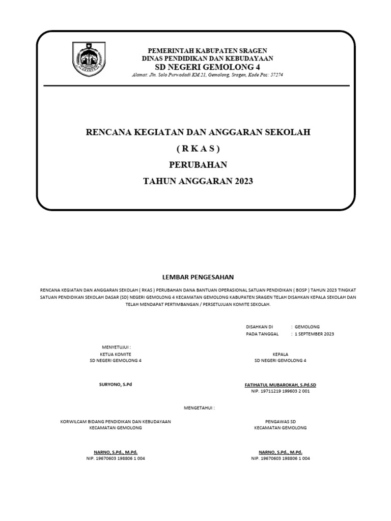 CONTOH LEMBAR PENGESAHAN RKAS 2023 | PDF