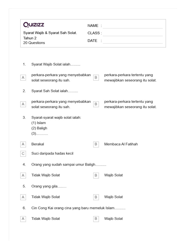 Syarat Wajib & Syarat Sah Solat. Tahun 2 | PDF