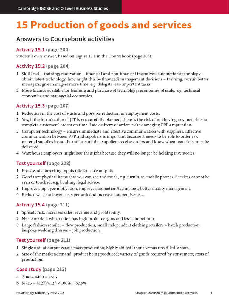 IGCSE-OL - Bus - CH - 15 - Answers To CB Activities | PDF | Inventory | Lean Manufacturing