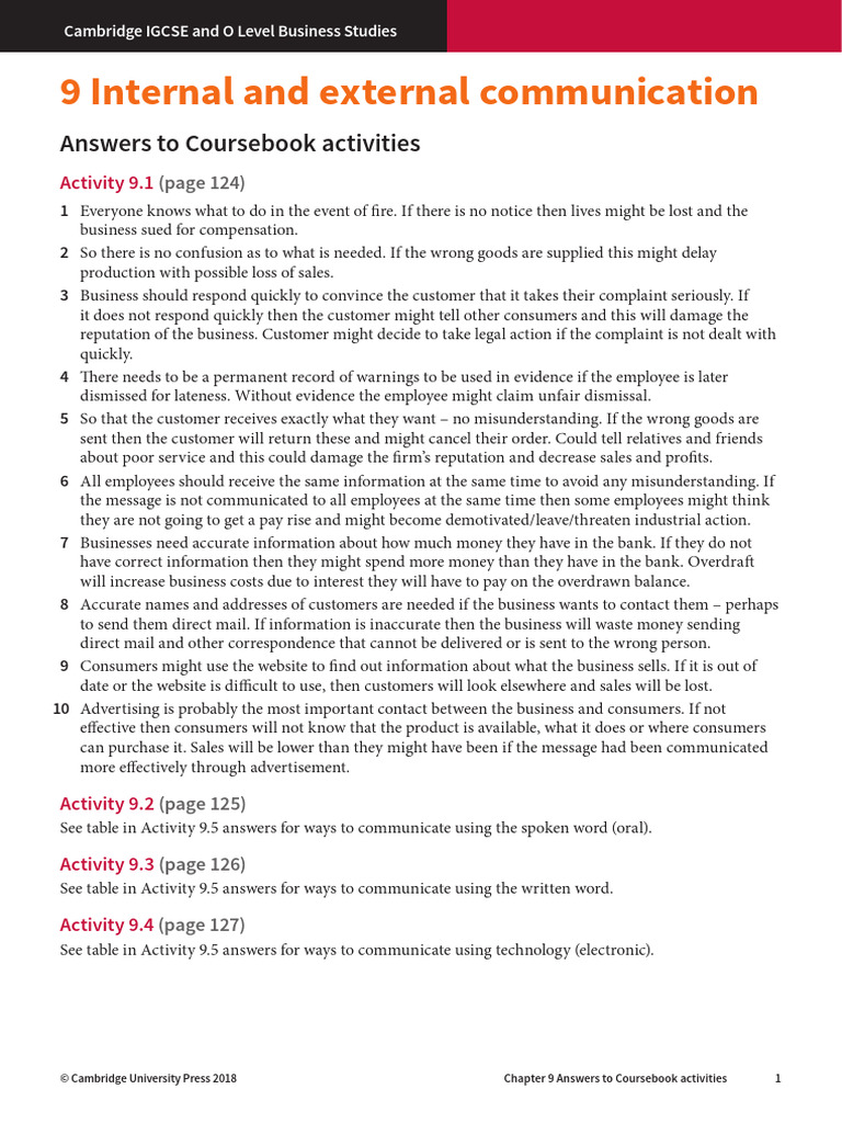 IGCSE-OL - Bus - CH - 9 - Answers To CB Activities | PDF | Direct Marketing | Communication