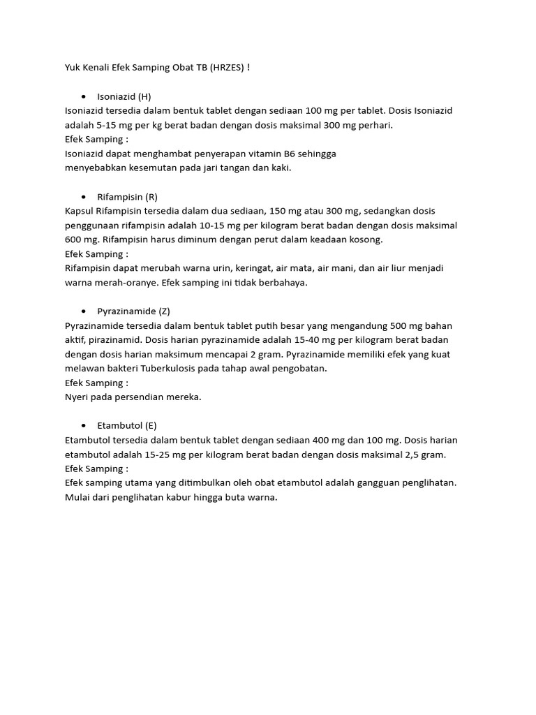 Efek Samping Obat TB HRZES | PDF