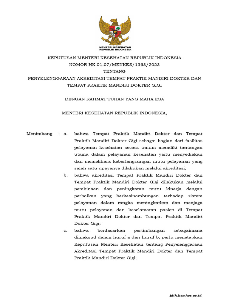 Kepmenkes 1368 Tahun 2023 - Akreditasi TPMD | PDF