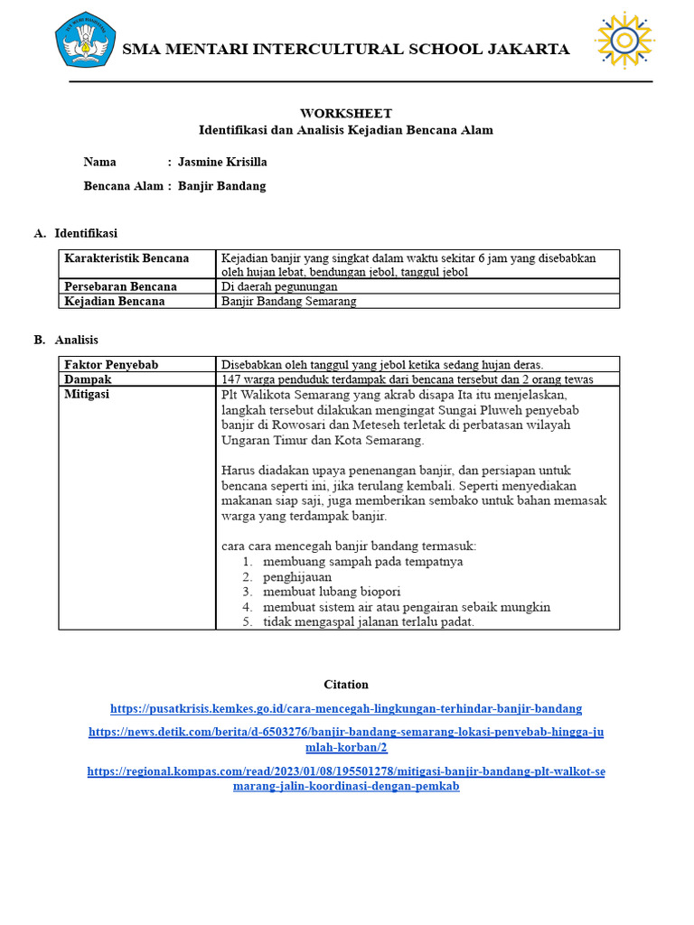 Jasmine Worksheet Identifikasi Dan Analisis Kejadian Bencana Alam | PDF