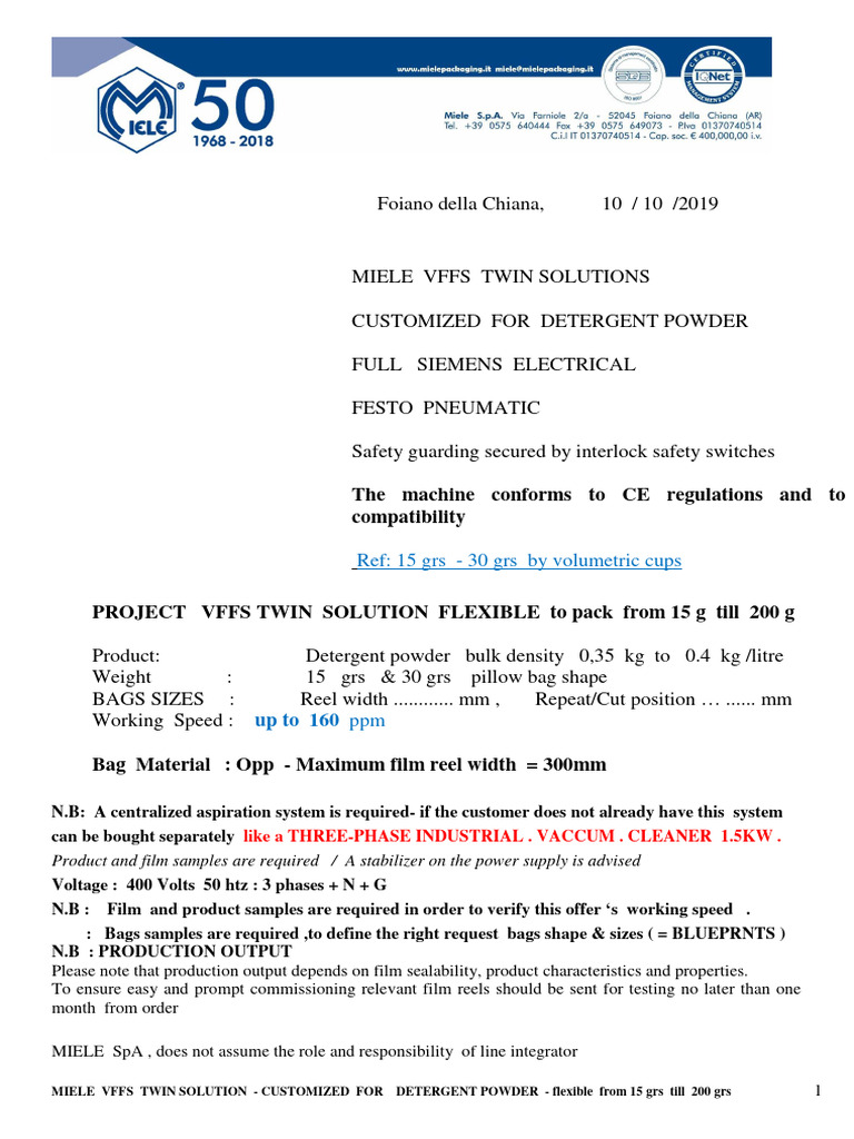 Miele Vffs Twin Solution - Customized For Detergent Powder - Flexible ...