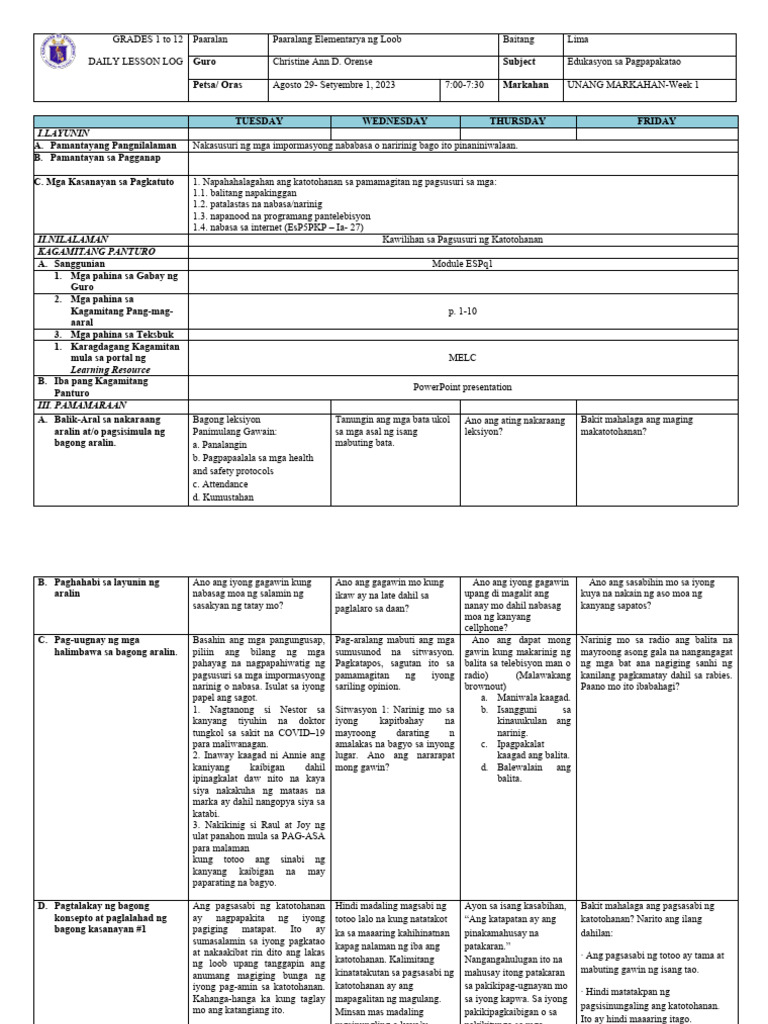 DLL Week 1 Esp | PDF