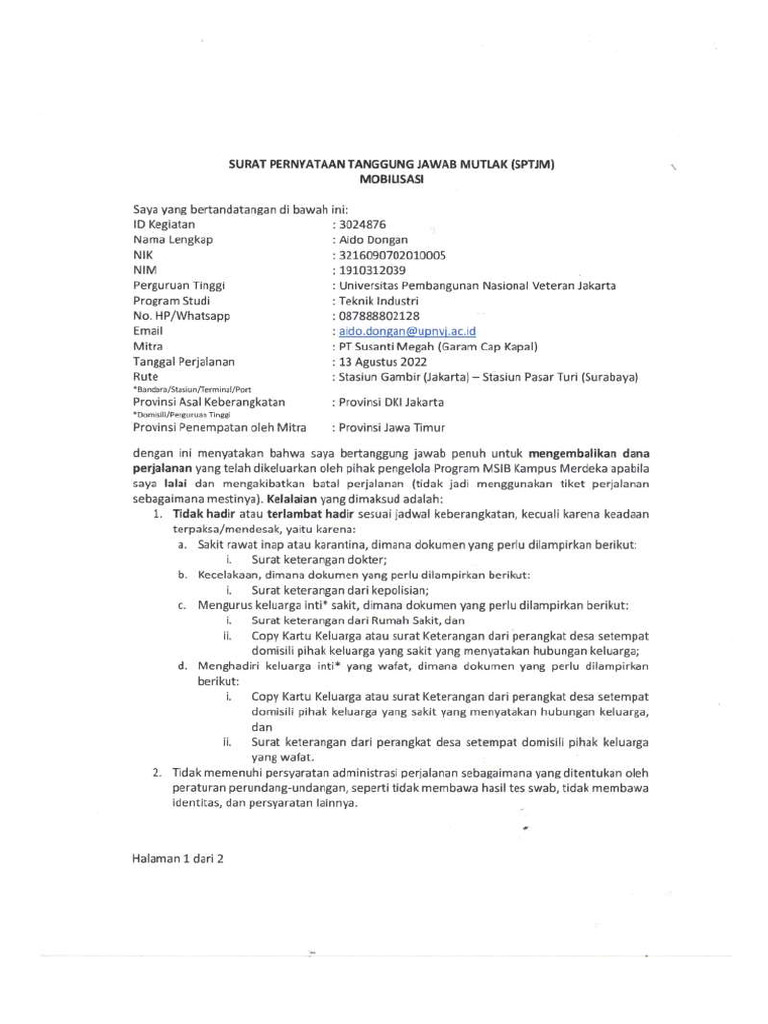 (MSIB) SPTJM - Mobilisasi - Aido Dongan | PDF