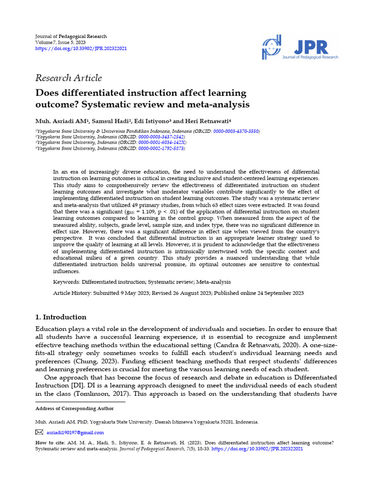 Does Differentiated Instruction Affect Learning Outcome? Systematic Review and Meta-Analysis ...