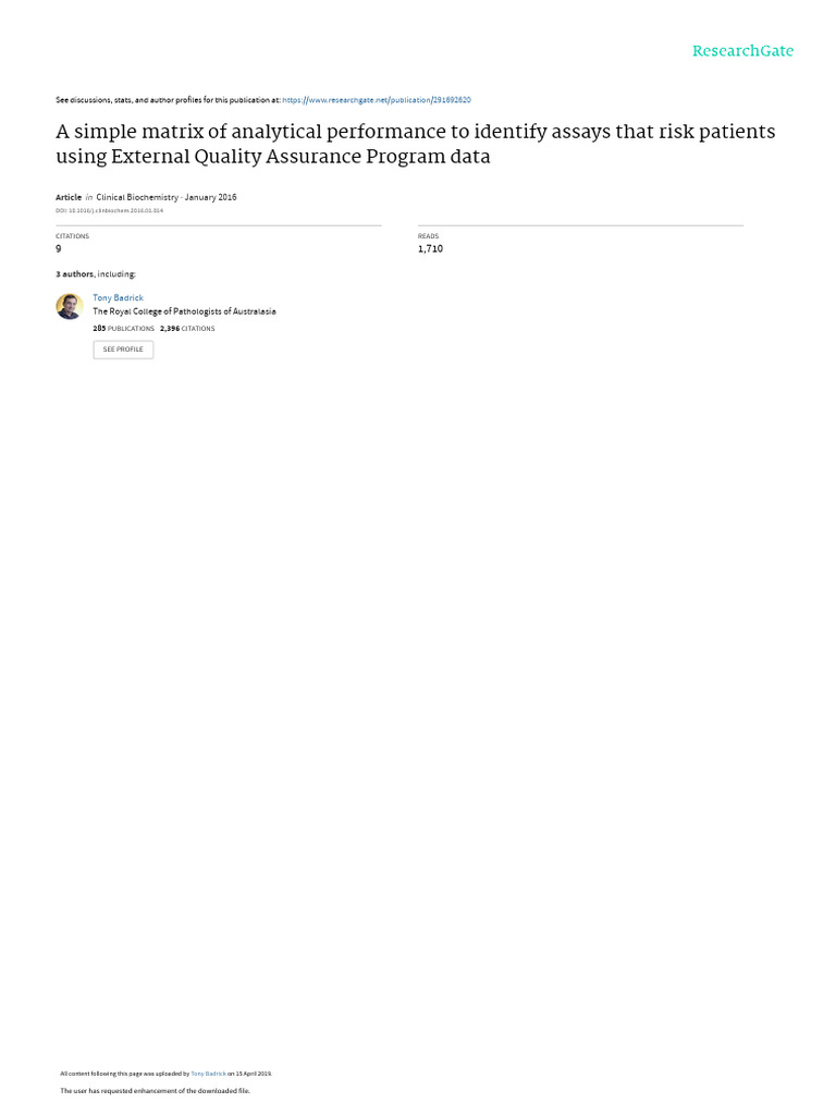 A Simple Matrix Of Analytical Performance To Ident Pdf Assay Errors And Residuals