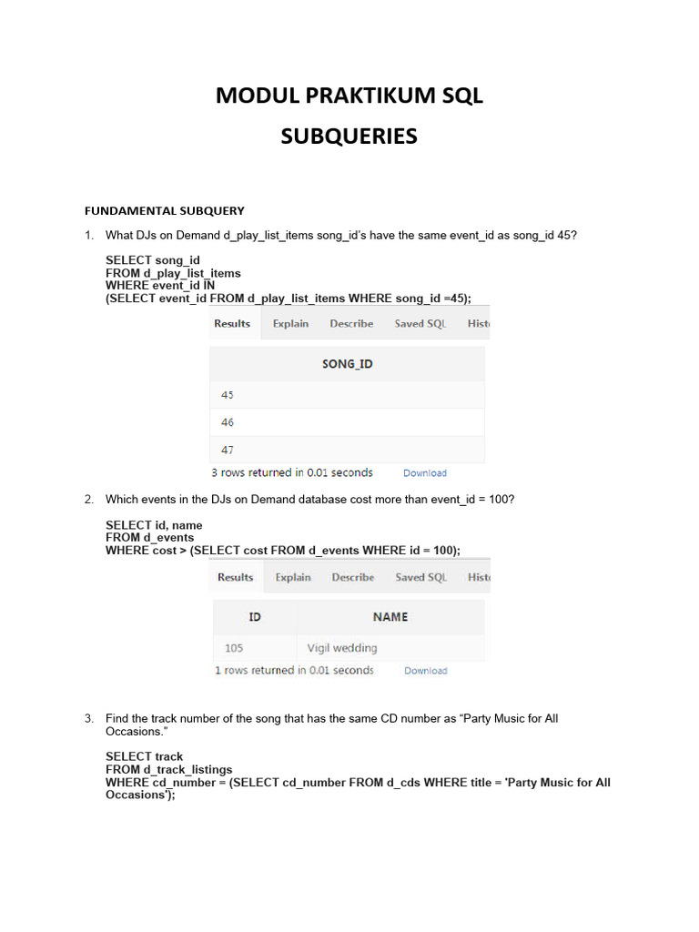 MODUL PRAKTIKUM SQL Subqueries | PDF | Salary | Information Retrieval