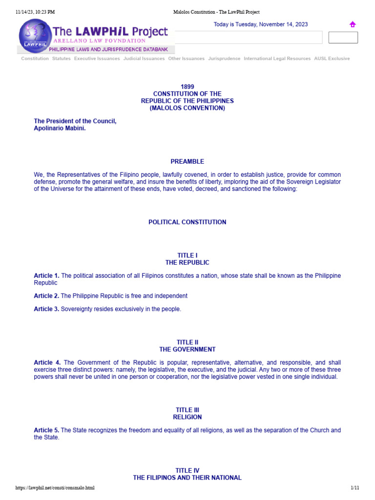 Malolos Constitution - The LawPhil Project | PDF | American Government ...