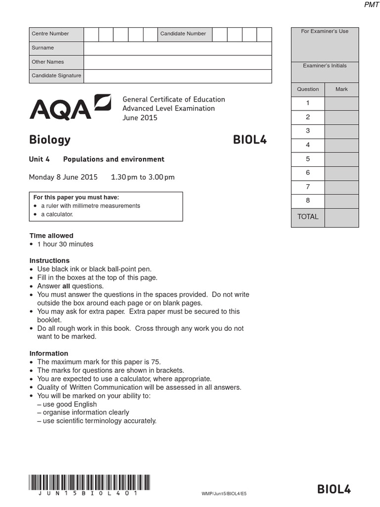 June 2015 QP - Unit 4 AQA Biology A-Level | PDF | Dominance (Genetics) | Allele