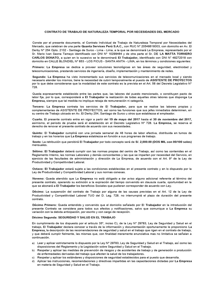 Contrato de Trabajo de Naturaleza Temporal Por Necesidades Del Mercado | PDF | Derecho laboral ...