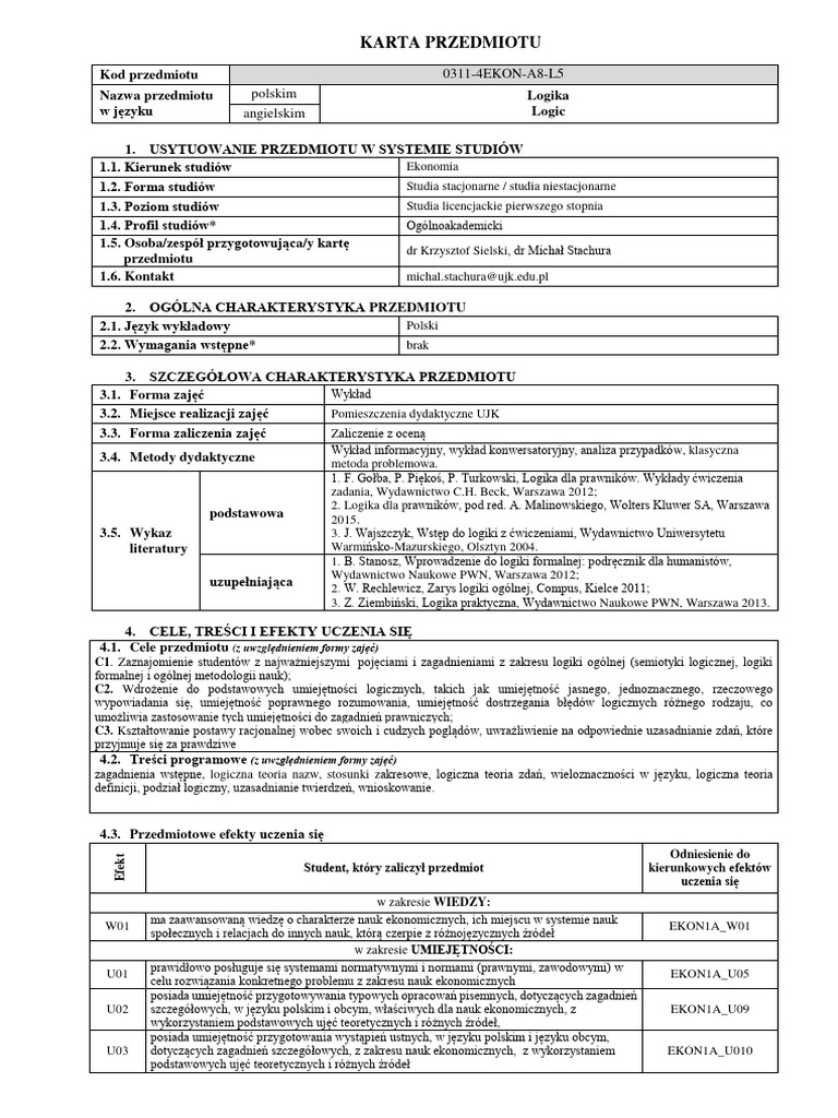 0311-4EKON-A8-L5 Logika - Karta Przedmiotu | PDF