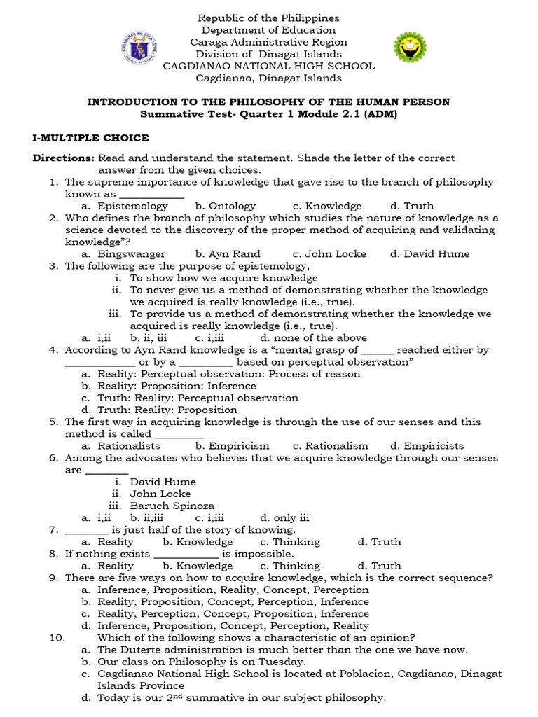 PHILO Summative Module 2.1 Adm | PDF | Knowledge | Epistemology