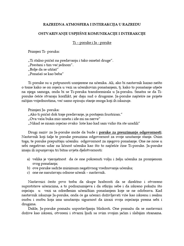 Razredna Atmosfera I Interakcija U Razredu | PDF