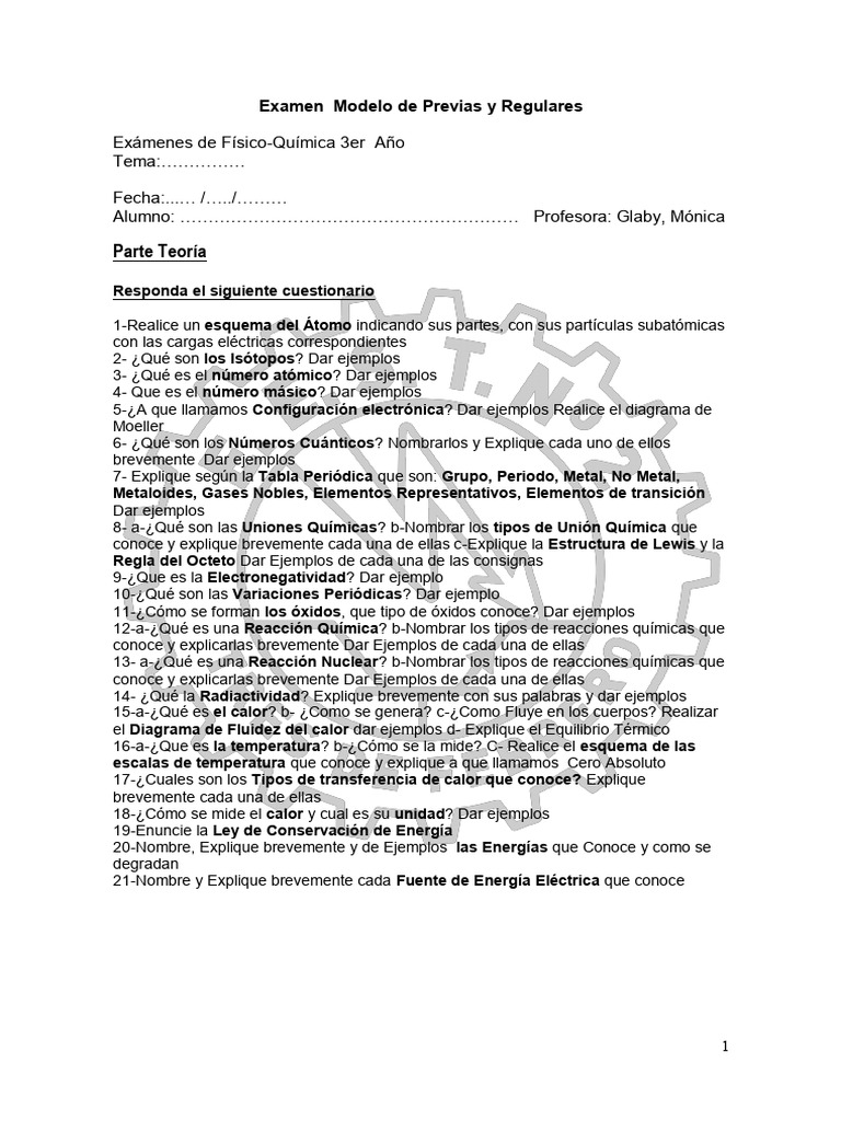 3ro FyQ Modelo 1 Teoria Y Practica | PDF | Compuestos químicos | Química
