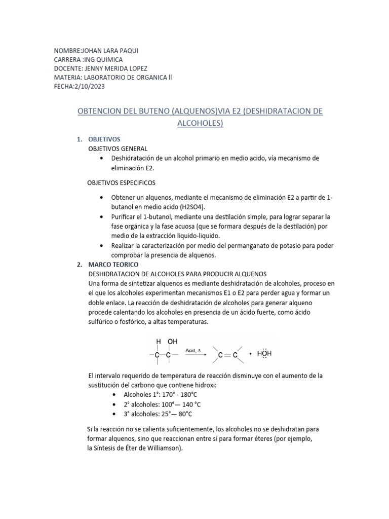 Obtencion Del Buteno (Alquenos) Via E2 (Deshidratacion de Alcoholes ...