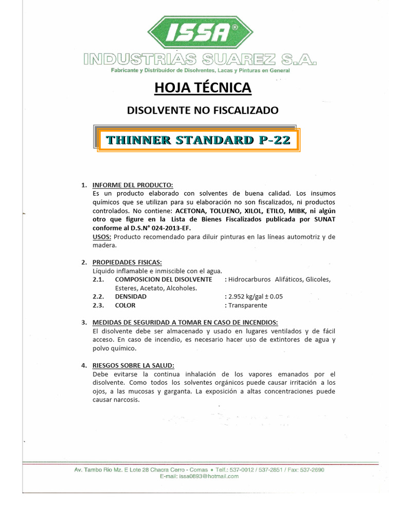 FICHA TECNICA THINNER ISSA | PDF | Solvente | Agua