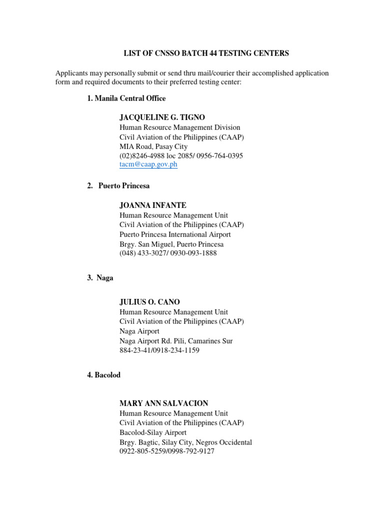 List of Cnsso Batch 44 Testing Centers | PDF | Philippines | Aviation ...