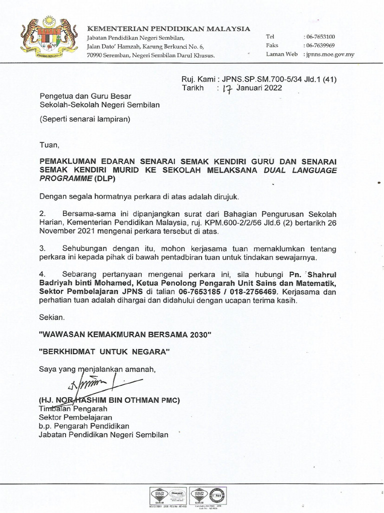 Surat Ke Sekolah Pemakluman Edaran Senarai Semak Kendiri Guru Dan Murid ...