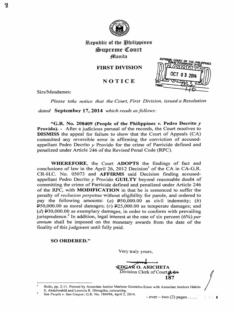 Supreme Court Ruling on Parricide Case | PDF