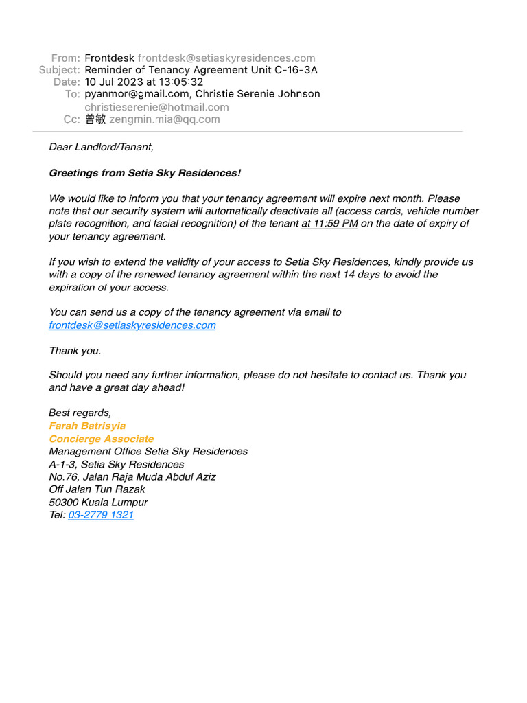 Reminder of Tenancy Agreement Unit C-16-3A 2 | PDF