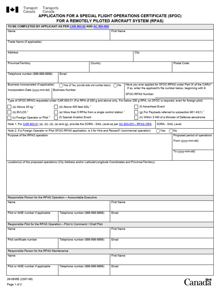 Application For A Special Flight Operations Certificate (Sfoc) For A ...