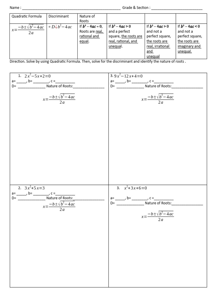 Quadratic Formula Nature Of Roots And Dscriminant Activity 2 Pdf Computational Science 7494