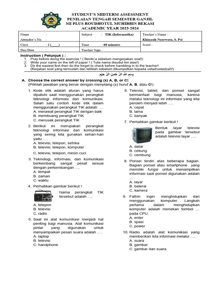 Soal PTS Tik Kelas 1 2023-2024 Revisi | PDF