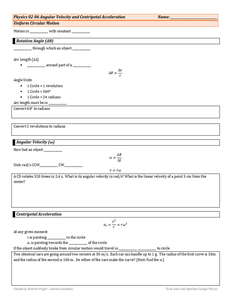 Physics 02-06 Angular Velocity and Centripetal Acceleration | PDF | Acceleration | Velocity