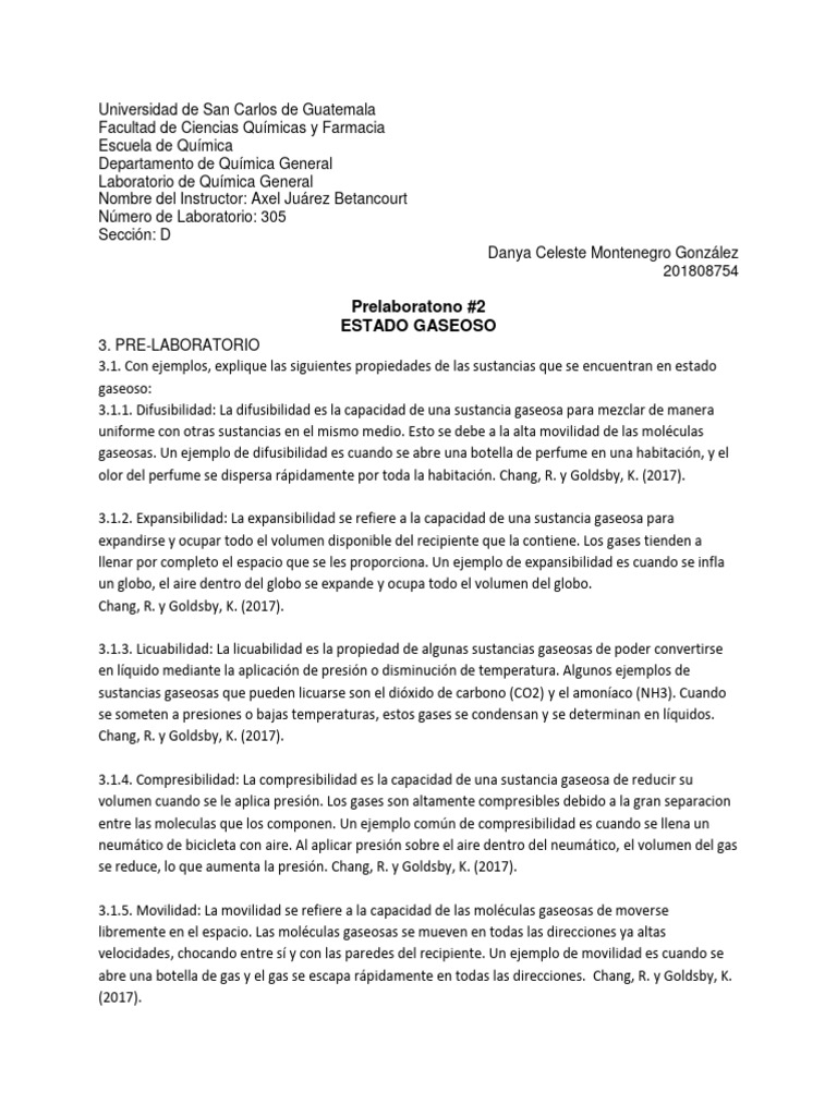 prelab 3 QG2 - Danya Montenegro 201808754 QF D | PDF | Gases | Presión