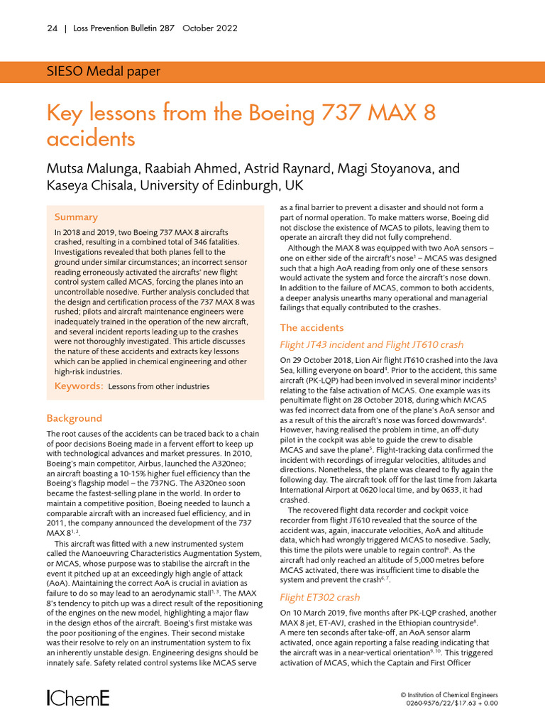 Key Lessons From The Boeing 737 Max 8 Accidents Pdf Aviation