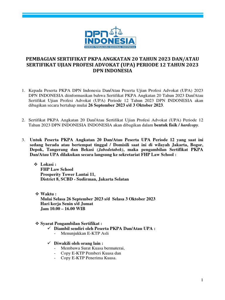 Pengumuman Pembagian Sertifikat PKPA Angkatan 20 Dan UPA Periode 12 DPN Indonesia 2023 | PDF