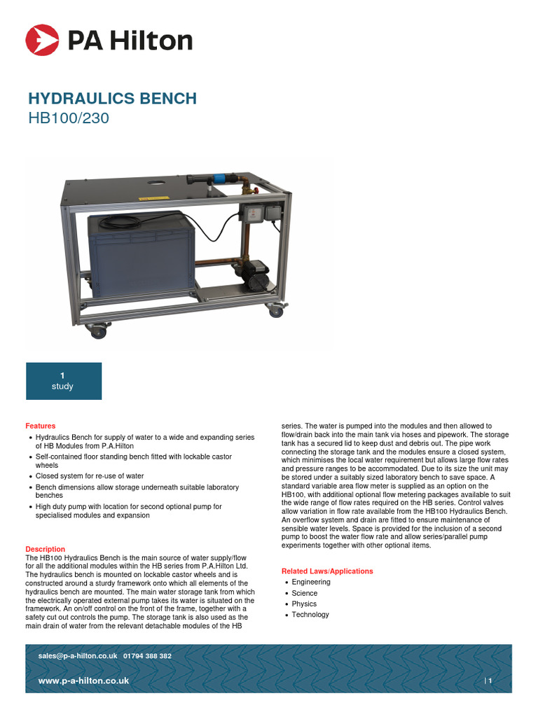 Hb100-230-Hydraulics Bench | PDF | Pump | Pipe (Fluid Conveyance)