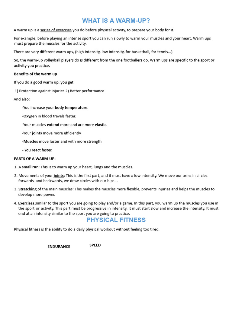 WARM UP & PHYSICAL ABILITIES | PDF | Flexibility (Anatomy) | Physical ...