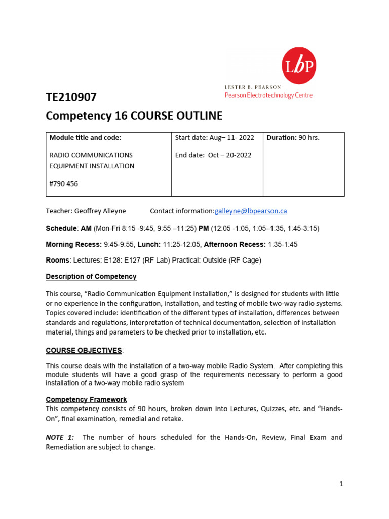RADIO COMMUNICATIONS EQUIPMENT INSTALLATION Course Outline TE210907 - 1 ...
