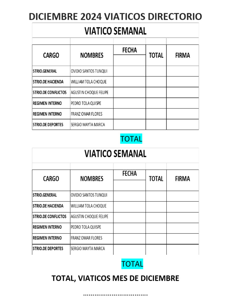 Planilla de Viaticos | PDF