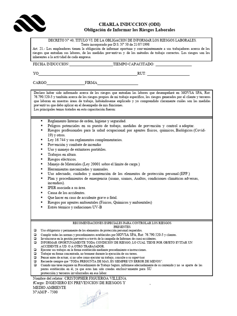 Fo Sgi 01 - Odi Induccion Hombre Nuevo-Movsa | PDF | Seguridad y salud ... Fo Sgi 01 - Odi Induccion Hombre Nuevo-Movsa | PDF | Seguridad y salud ...